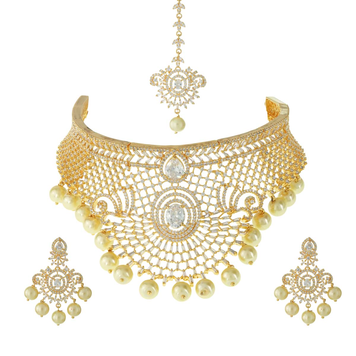 Elegant Gold-Toned Mesh Net Choker Necklace & Earring Set with Pearls ...
