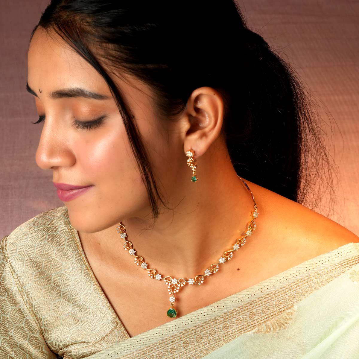 Floral Chain Necklace and Earrings Set with Green Accent – Utsaav by Gargi